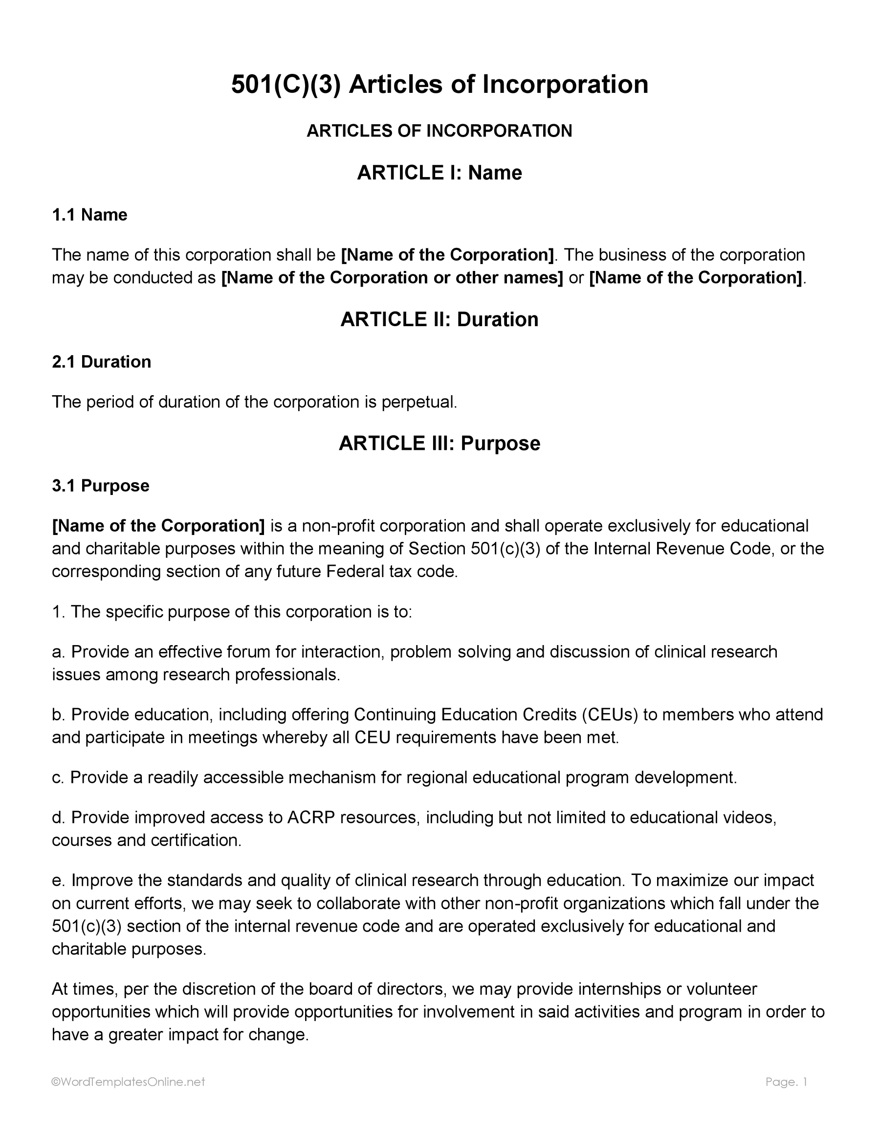 Free Article of Incorporation Templates (Word - Google Docs)