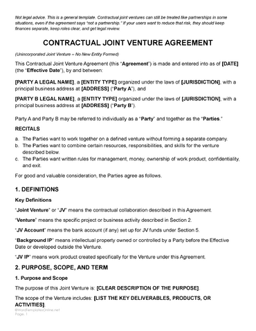 Free Joint Venture Agreement Templates