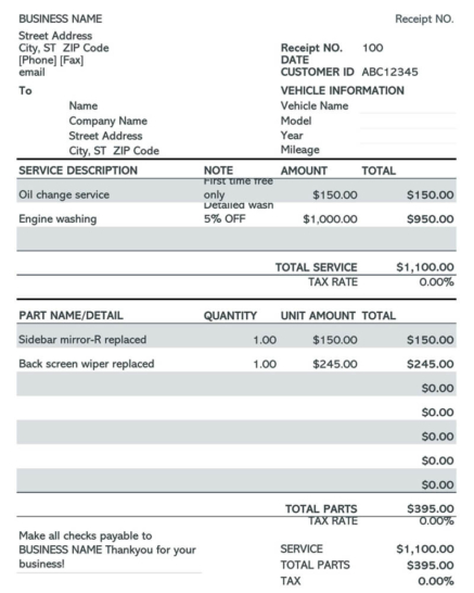 Free Car (Vehicle) Repair Receipt Templates (Word | Excel)