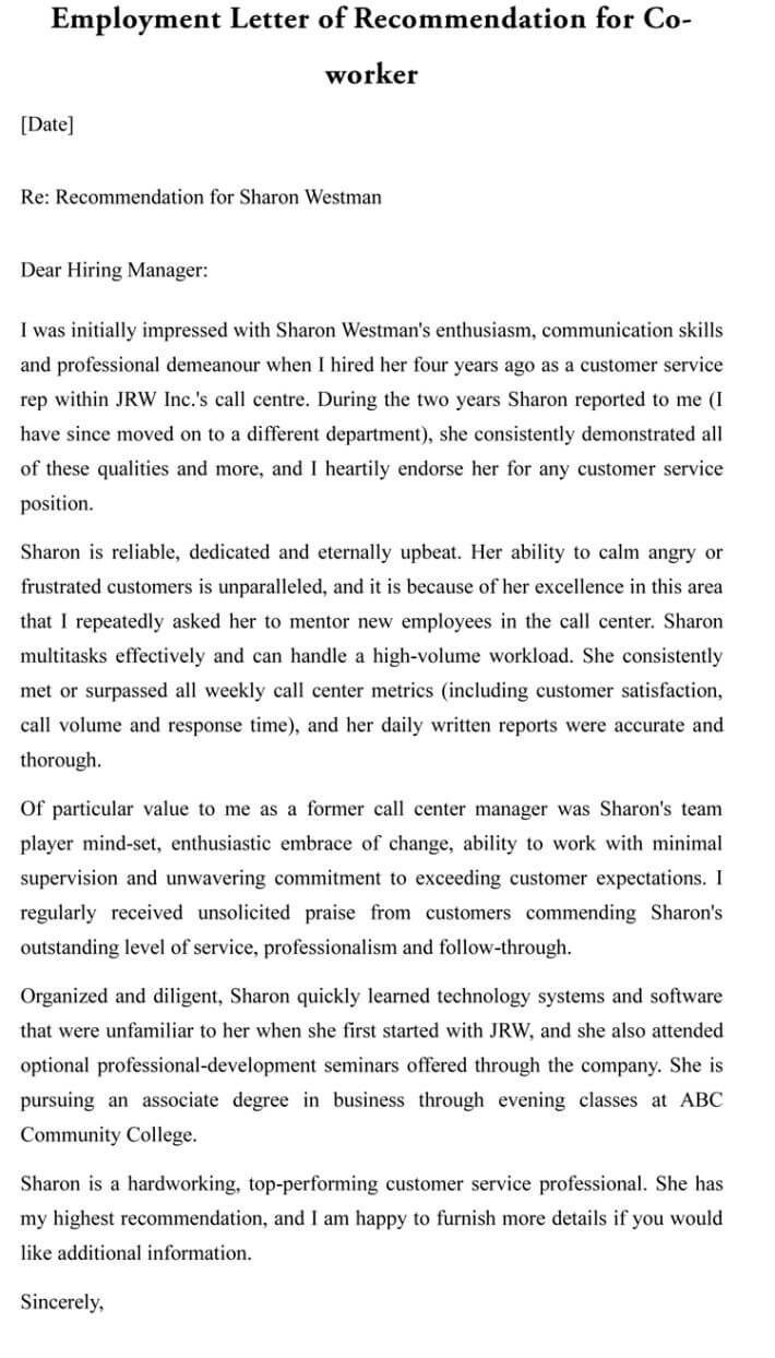 20 Samples of Recommendation Letter for Coworker