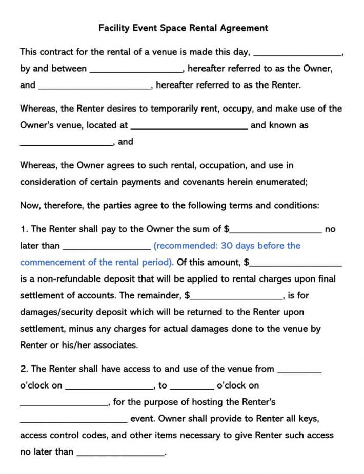Free Event Space Rental Agreement Template (Word - PDF)