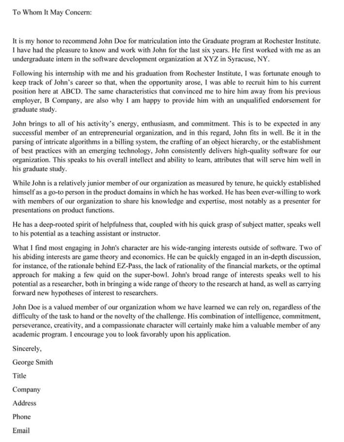 Letter of Recommendation Examples for Graduate School