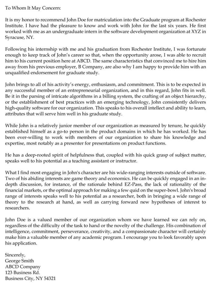 Letter of Recommendation Examples for Graduate School