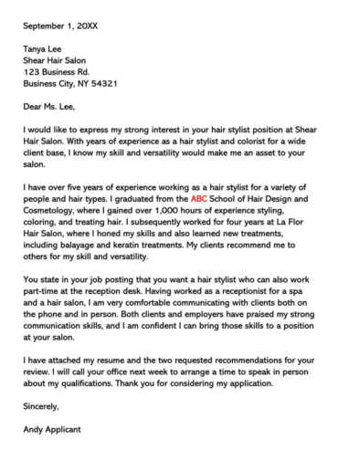 20+ Hair Stylist Cover Letter Samples (Entry Level & Experienced)
