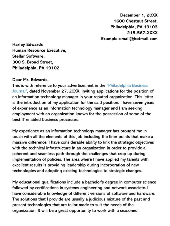IT Manager Cover Letter Examples (Free Templates)