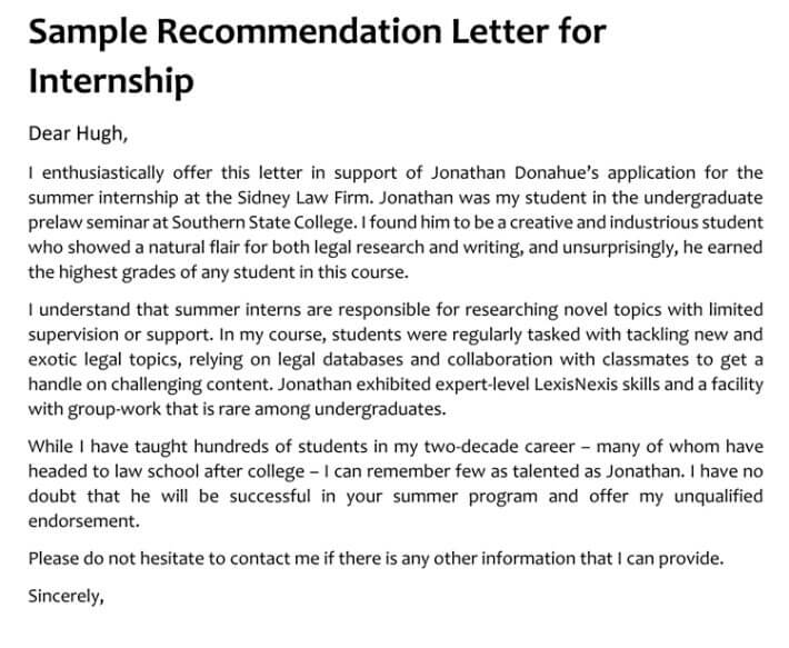 15+ Sample Recommendation Letter for Internship (Writing Tips)