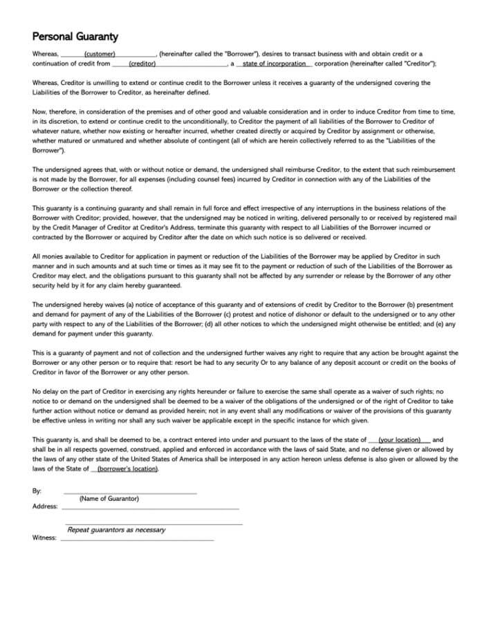 Free Personal Guarantee Forms for Loan (Word | PDF)