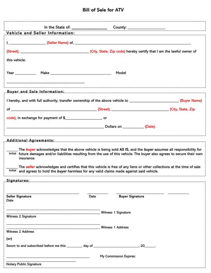 Free All-Terrain Vehicle (ATV) Bill of Sale Forms | Word, PDF