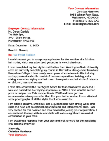 20+ Hair Stylist Cover Letter Samples (Entry Level & Experienced)