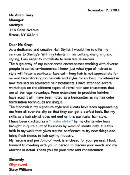 20+ Hair Stylist Cover Letter Samples (Entry Level & Experienced)