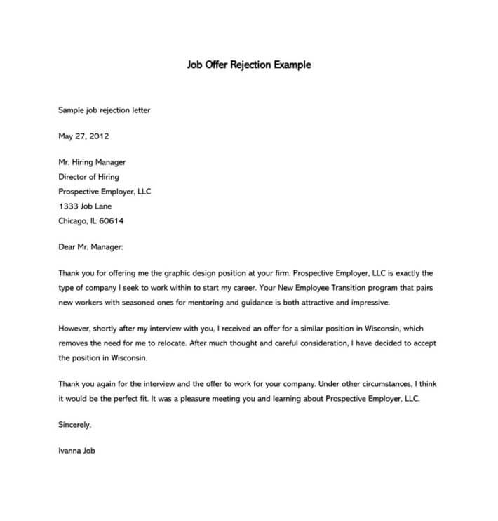 Formal Rejection Letter/Email to Decline Job Offer
