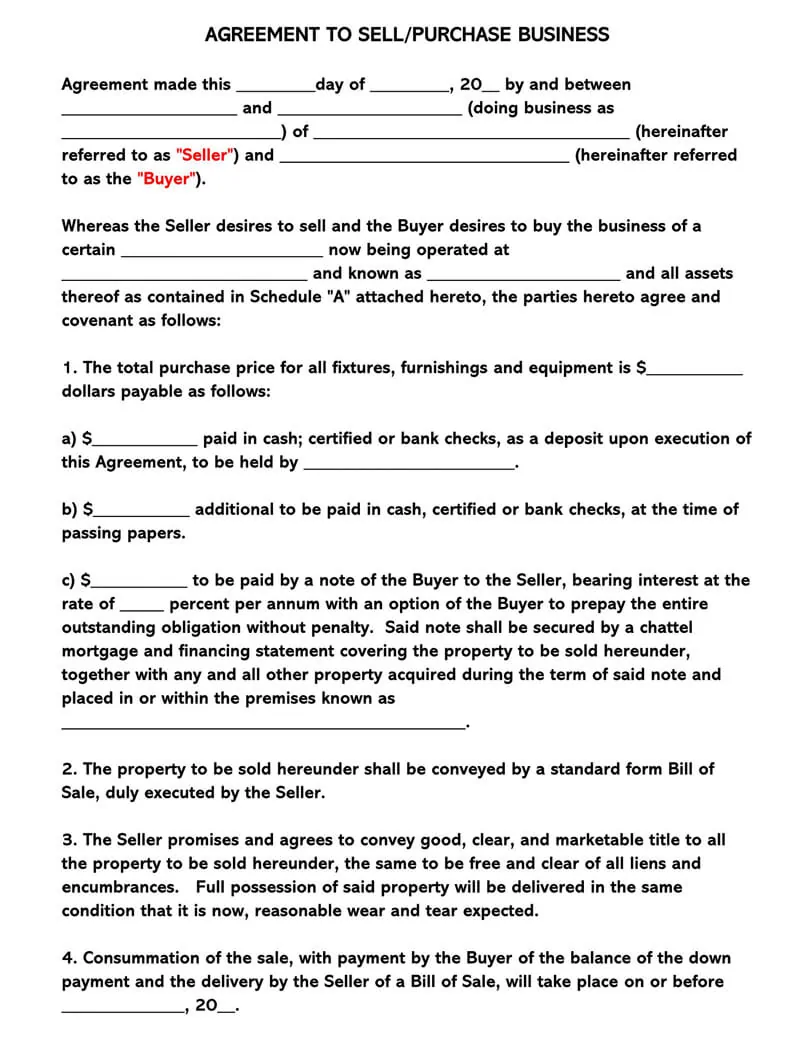 Agreement Of Purchase And Sale Of Business Assets Template