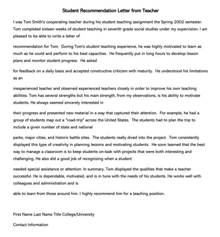 35 Best Student Recommendation Letter Examples (From Teacher)