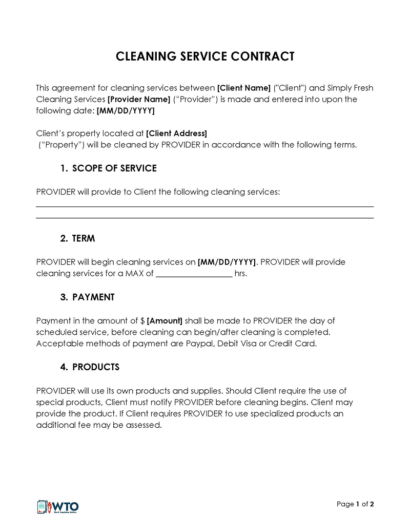 Free Cleaning Service Contract Templates (Word | PDF)