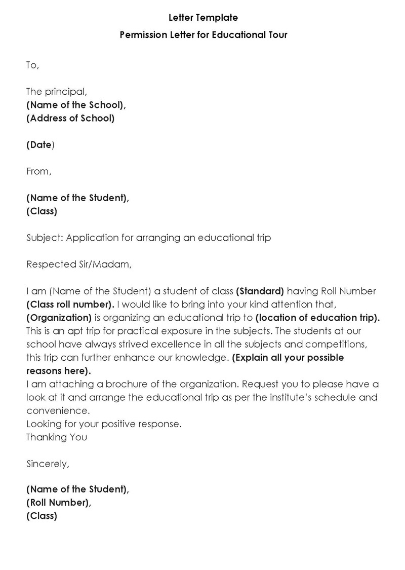 Permission Letter to Go on Educational Trip (Samples)