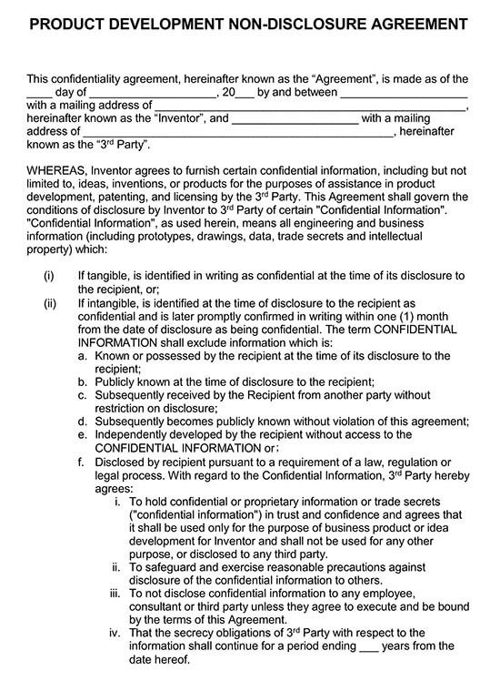 Free Product Development Non-Disclosure Agreement Templates