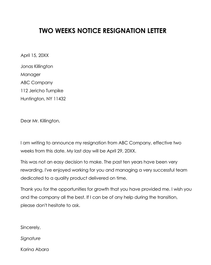 Two Weeks' Notice Resignation Letter (14 Examples & Samples)