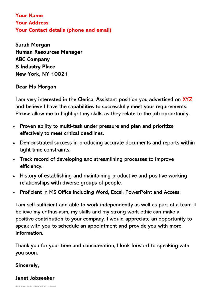 Clerical Cover Letter Examples (18 Free Templates)