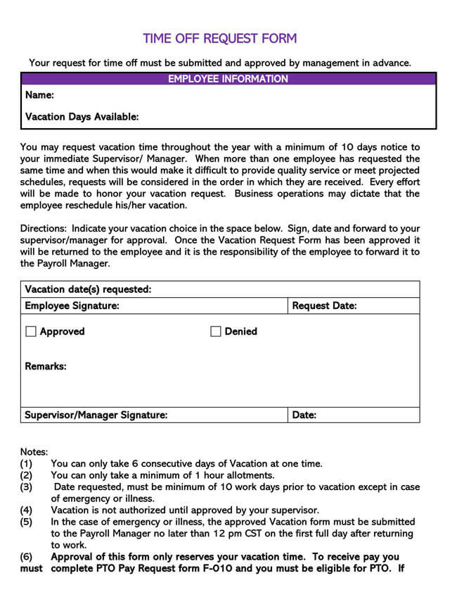 Free Employee Time-Off (Vacation) Request Forms - Word | PDF