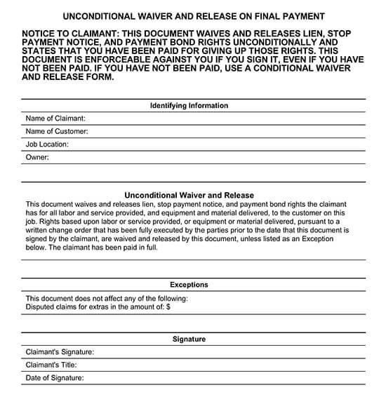 Free Contractor Lien Release Forms [Unconditional] - PDF